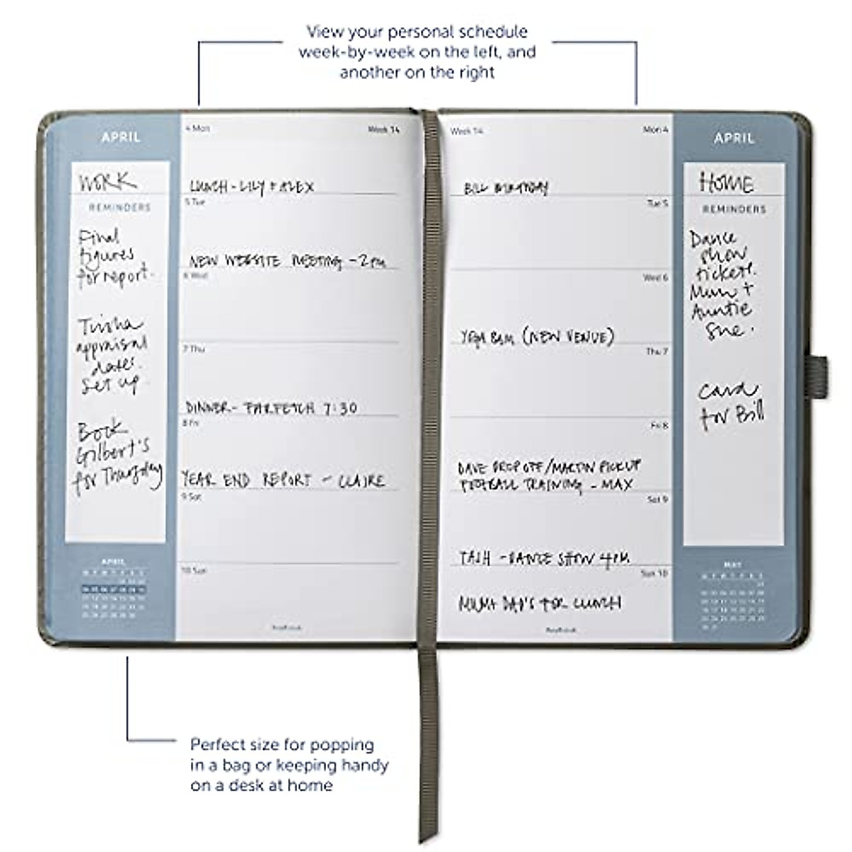 Busy B Busy Life Diary January to December 2022 - A5 Grey Faux Leather Week to View Planner with Dual Schedules, Pen Holder and Pockets