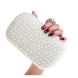Snowskite Women's Luxury Full Pearls Kiss Lock Evening Bag Prom Wedding Clutch Purse Ivory