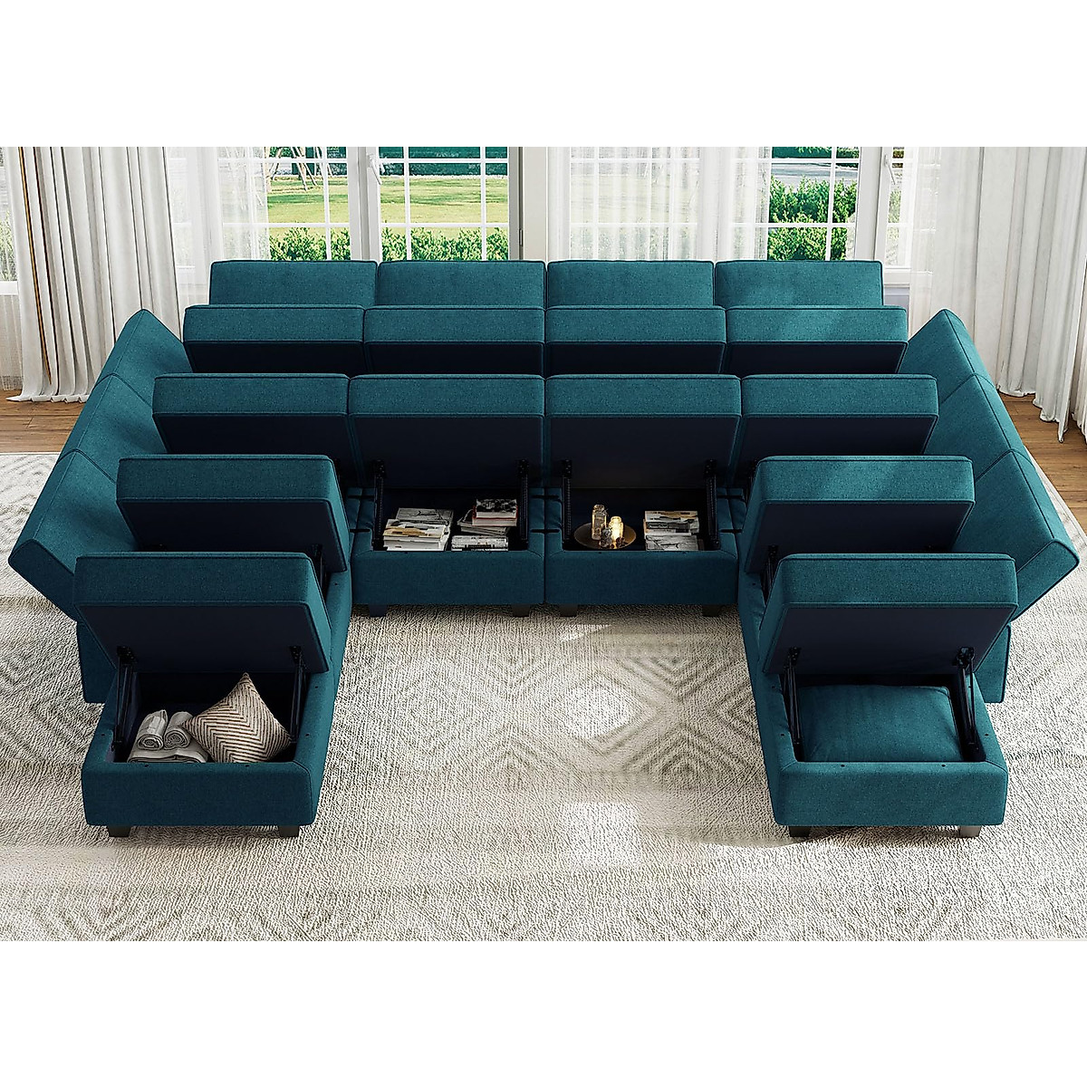 Belffin Terry Fabric Oversized U Shaped Sectional Sofa with Chaise Modular Sectional Sofa Couch for Living Room Convertible Sleeper Bed. Peacock Blue Couch