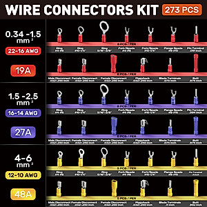 SOMELINE® Wire Terminals Crimping Tool, with 39 Sizes Insulated Ratcheting Terminals Crimper Kit of AWG 22-10 Insulated Electrical Butt Bullet Spade Fork Ring Spade Splice Crimp Terminals