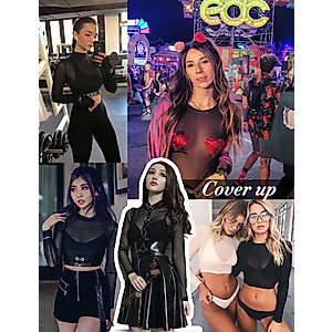 Avidlove Long Sleeve Mesh Crop Top Sheer Tops for Women See Through Shirt Black M