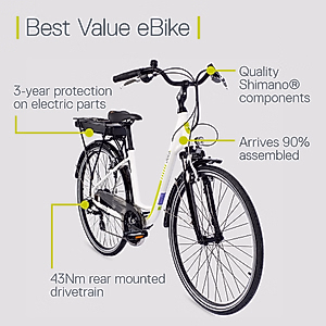 Electric Bike, Delta Cycle rDrive Ebike - 396Wh Lithium-Ion Battery, 55 Miles On A Single Charge - 7 Speed Shimano Gear System, Front & Rear V-Brakes - Safety Lights, Storage Rack & Kickstand
