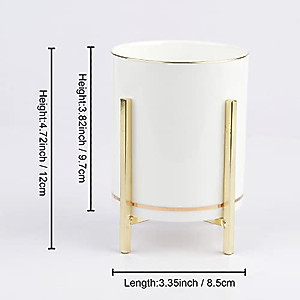 Pen Pencil Holder for Desk, Ceramic Desk Decor Organizer for Womens Girls, Durable Ceramic Pencil Cup Holder, 3.35" x 3.82" Makeup Cups for Brushes, Cup Painted with Gold Trims, Gold Bracket, 1 Pcs