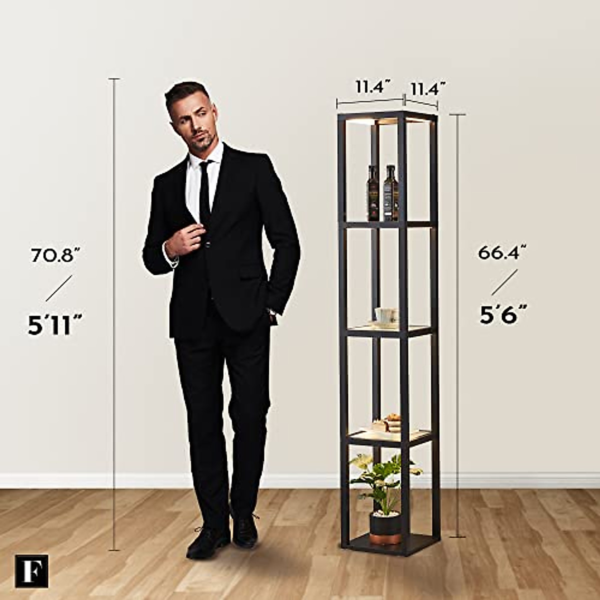 FENLO 66" Luxury Glass Display Shelf with Dimmable LED Floor Lamps, Sturdy Glass Shelves for Bedroom, Curio Cabinet with Glass Bookshelf Display Case, Floor Lamp with Shelves - Fantasy Black