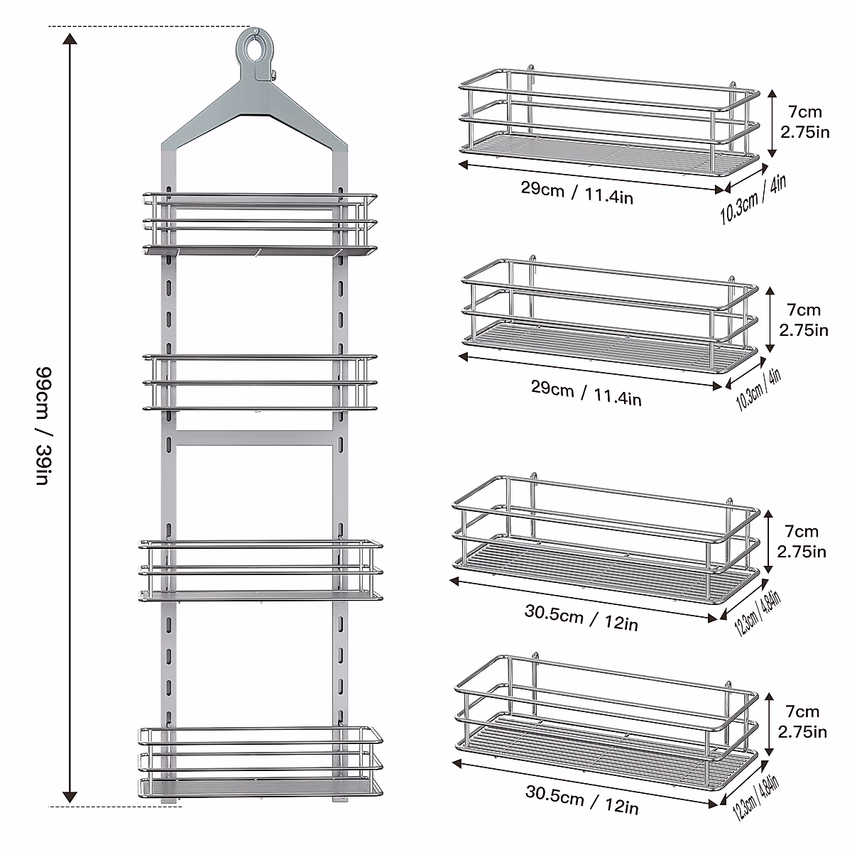 Nieifi Hanging Shower Caddy,4 Tier Adjustable Basket Over Shower Head Shower Organizer Hanging with Hooks Shower Racks for Inside Shower Shelf Anti-Swing Bathroom Organizer Shelves, Silver