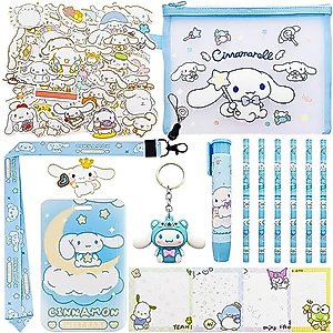 Cute School Supplies Set, Kawaii Stationery Set, Includes Pencils, Pen-Style Eraser, Sticky Note, Stickers, Lanyard with ID Badge, Back to School Gift