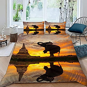 Quilt Cover Twin Size Ancient Pagoda in Thailand 3D Bedding Sets Elephant Duvet Cover Breathable Hypoallergenic Stain Wrinkle Resistant Microfiber with Zipper Closure,beding Set with 2 Pillowcase