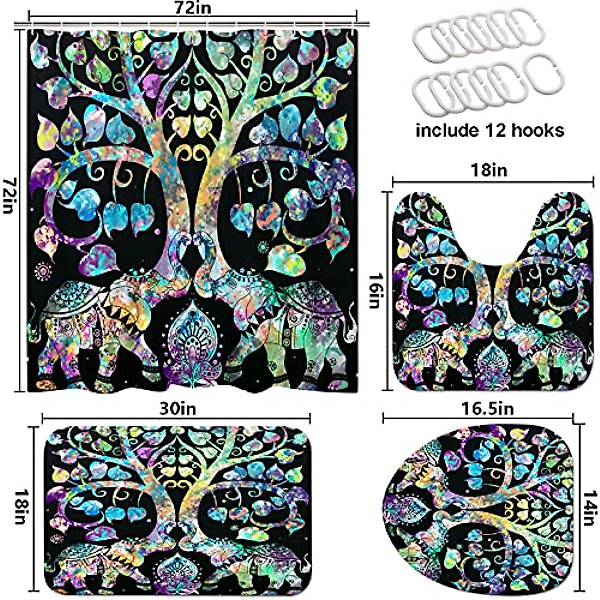 DuoBaorom 4 Pieces Set Boho Elephant Shower Curtain Set Boho Paisley Animal Tree of Life Picture Print on Non-Slip Rugs Toilet Lid Cover Bath Mat and Bathroom Curtain with 12 Hooks 72x72inch
