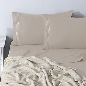 CozyLux Hotel Luxury Full Bed Sheets Set - 1800 Series 4-Piece Embroidered Microfiber Sheets, Double Brushed, 16" Deep Pocket, Soft and Wrinkle-Resistant, Beige