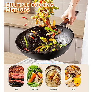 XIHEIMA 13 Inch Carbon Steel Wok Pan with Lid and Spatula,Wooden Cookwares Nonstick Woks ＆ Stir-Fry Pans,No Chemical Coated Flat Bottom Chinese Wok for Induction, Electric, Gas, Halogen, All Stoves