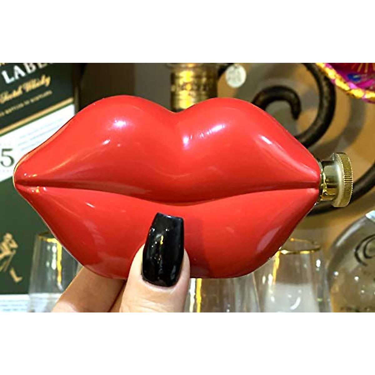 Red Lips Flask - Pucker Kiss Stainless Steel 5 oz. Pocket Flask For Drinks and Alcohol - Travel Picnic Bar Party - Fun Cute & Romantic