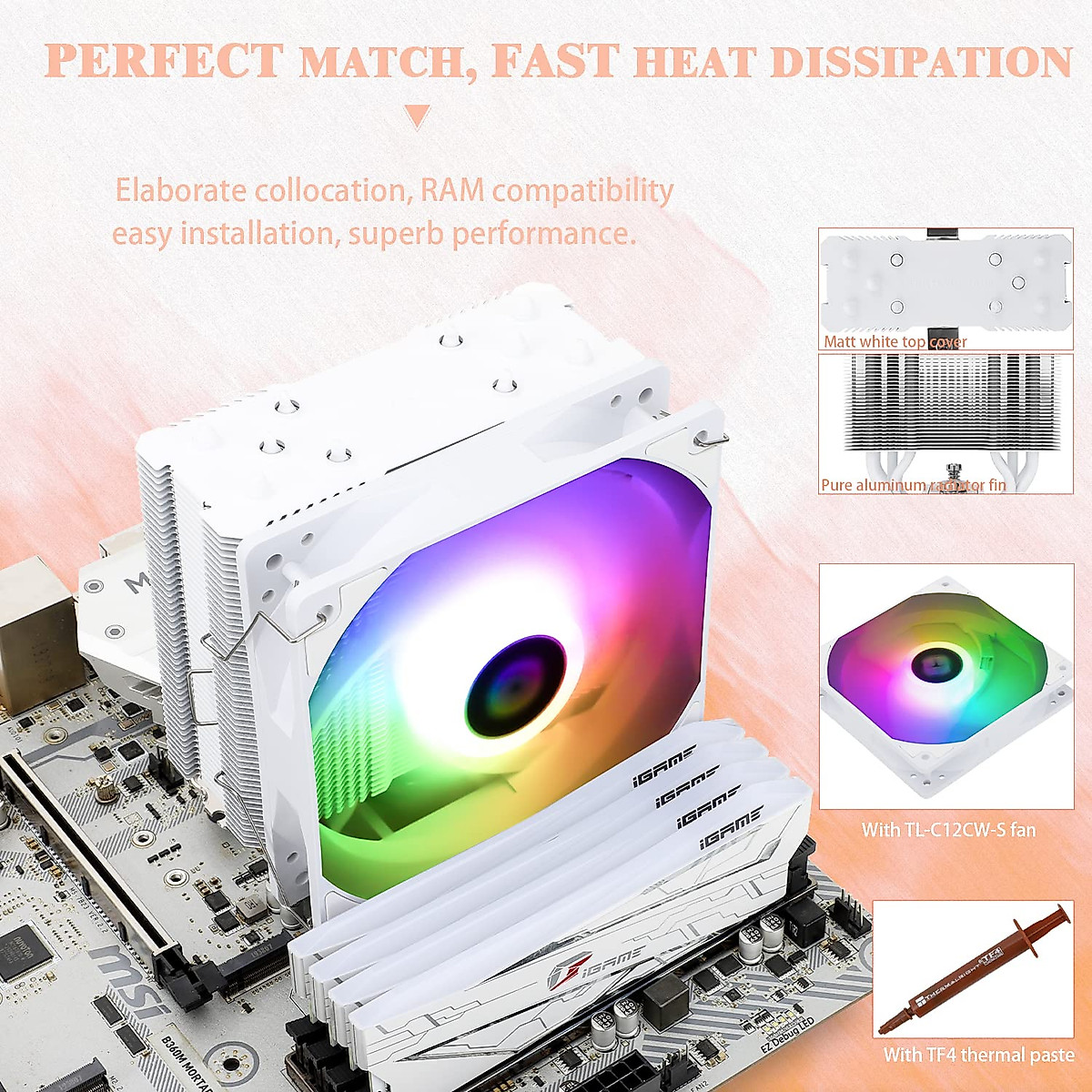 Thermalright Assassin King 120 SE White ARGB CPU Air Cooler, AK120 SE White ARB, 5 Heatpipes, TL-C12CW-S PWM Quiet Fan CPU Cooler with S-FDB Bearing, for AMD AM4/Intel LGA1700/1150/1151/1200