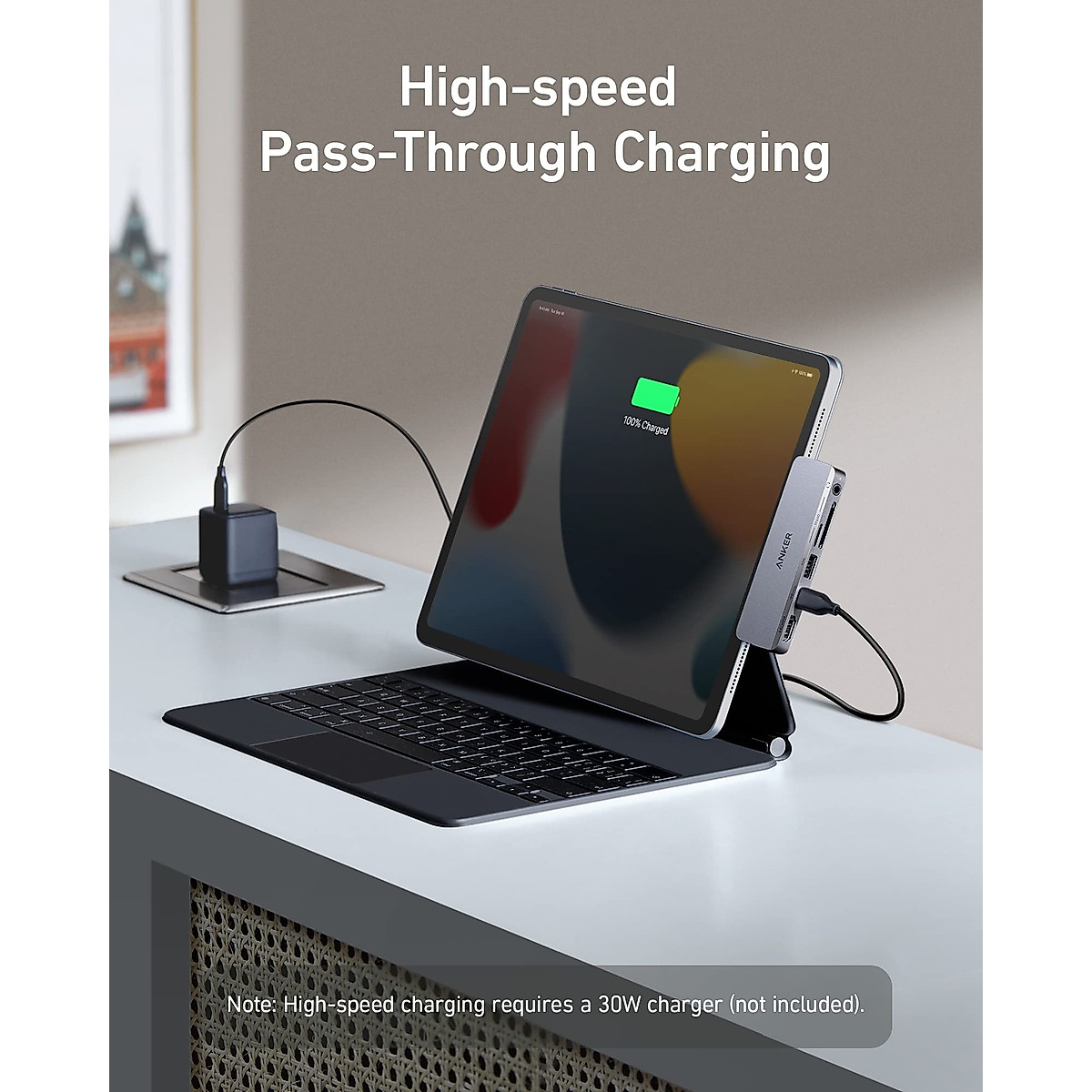 Anker USB C Hub for iPad (Gray), 541 USB-C Hub (6-in-1), with 4K HDMI Port, Multi-Function USB C Port Powerline III USB C to USB C Charger Cable 100W 6ft 2.0