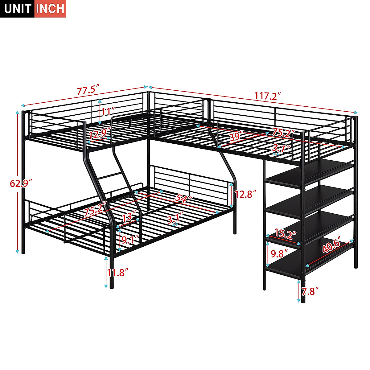 BIADNBZ L-Shaped Metal Twin Over Full Bunk Bed and Twin Size Loft Bed with Four Built-in Shelves,Full-Length Guardrails for Kids/Teens,Black