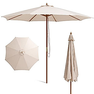 HAPPYGRILL 10 FT Patio Wooden Umbrella Table Market Umbrella with 8 Bamboo Ribs, 3 Adjustable Heights, Rope Pulley Lift, Detachable Pole & Vented Roof, Outdoor Umbrella for Garden Poolside Backyard