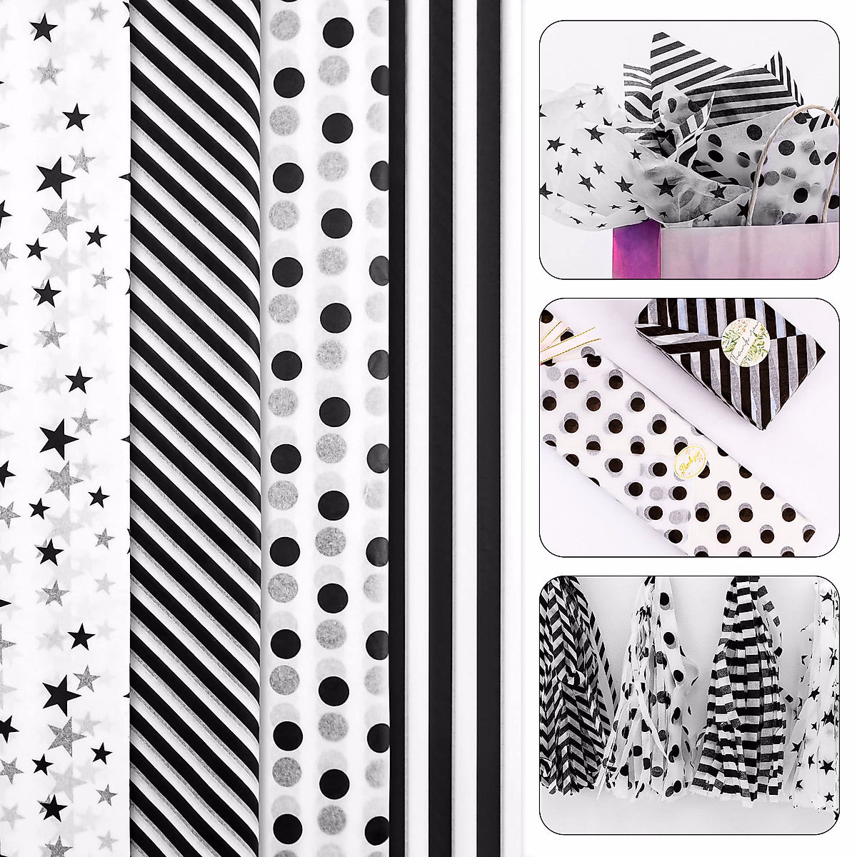 120 Sheets Black and White Tissue Paper Bulk,Black and White Tissue Paper for Gift Bags,White Tissue Paper with Black Star Stripes Polka Dots Pattern,14 x 20 Inch