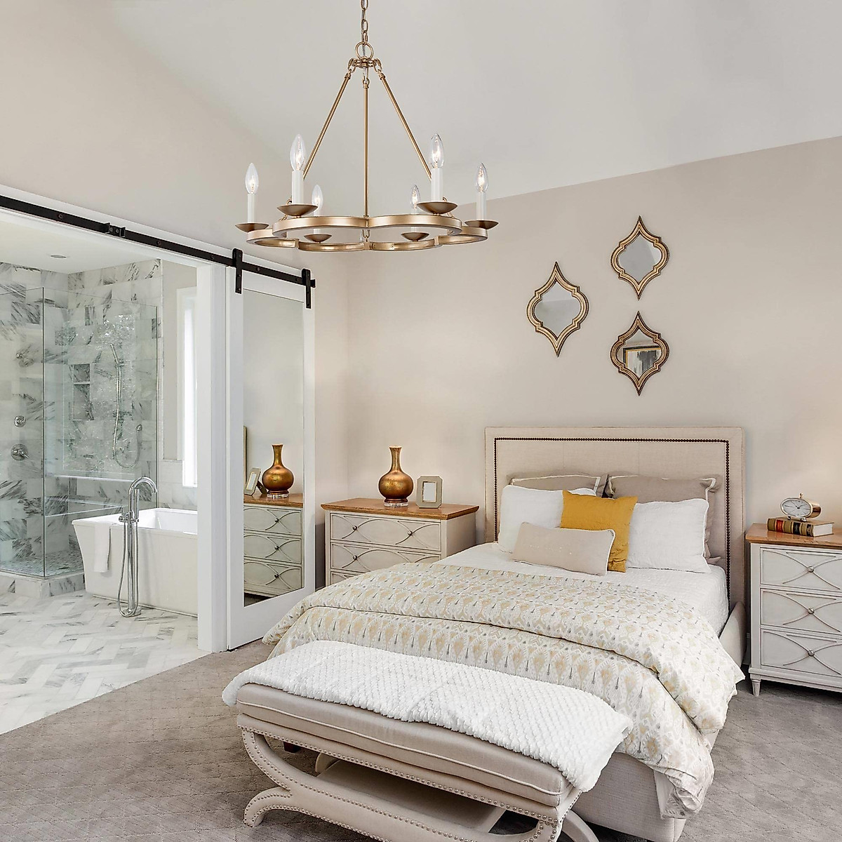 classy leaves Gold Chandeliers for Dining Room, 6-Light Wagon Wheel Chandelier with White Candle, Modern Chandelier Light Fixture Island Light for Kitchen Island, Living Room, Bedroom