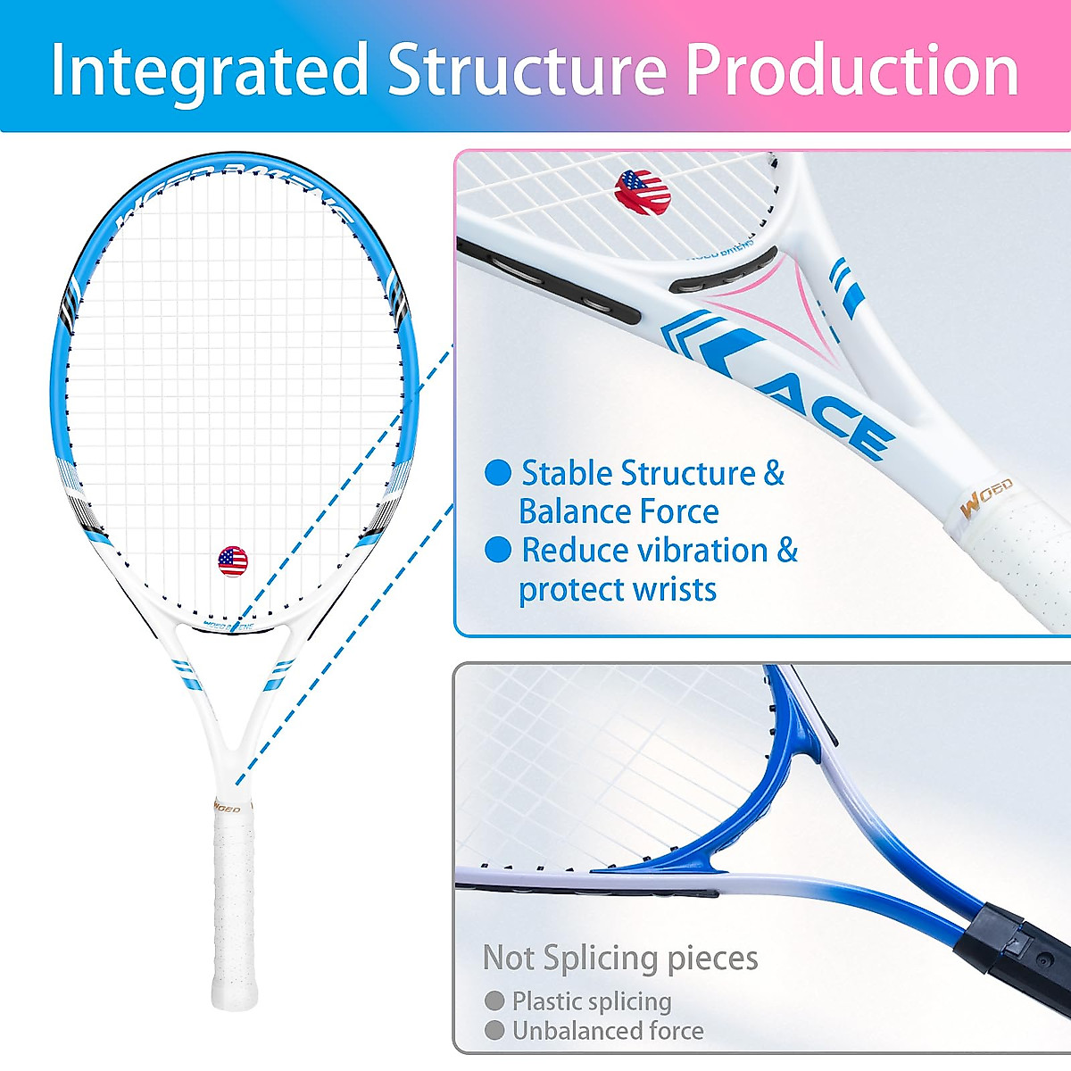 Pro Tennis Racket for Adults, 2 Player 27 inch Speed Tennis Racquet Acceptable for Beginner and Professional with 3 Tennis Balls, 2 Vibration Dampes, 2 Overgrips, Tennis Bag (Pink-Blue)