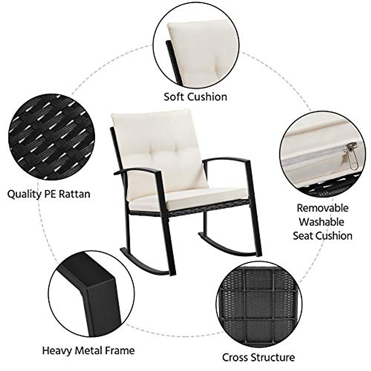 Yaheetech 3-Piece Patio Furniture Set, Outdoor Rocking Chairs Bistro Set, 2 PE Rattan Chairs with Glass Coffee Table Wicker Furniture Set - for Garden Balcony Backyard Poolside