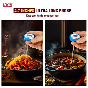 CEM Instant Read Digital Meat Thermometer for Food, Bread Baking, Water, and Liquid. Waterproof and Long Probe with Meat Temp Guide for Cooking, Display with Backlit DT-130(Blue)