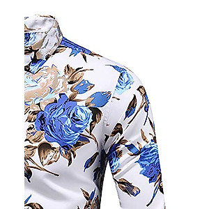 Men's Slim fit Printed Long-Sleeve Button-Down Dress Floral Shirt (Large Chest: 45.7 inch, White Blue)