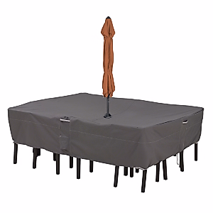 Classic Accessories Ravenna Water-Resistant 108 Inch Rectangular/Oval Patio Table & Chair Set Cover with Umbrella Hole, Outdoor Table Cover