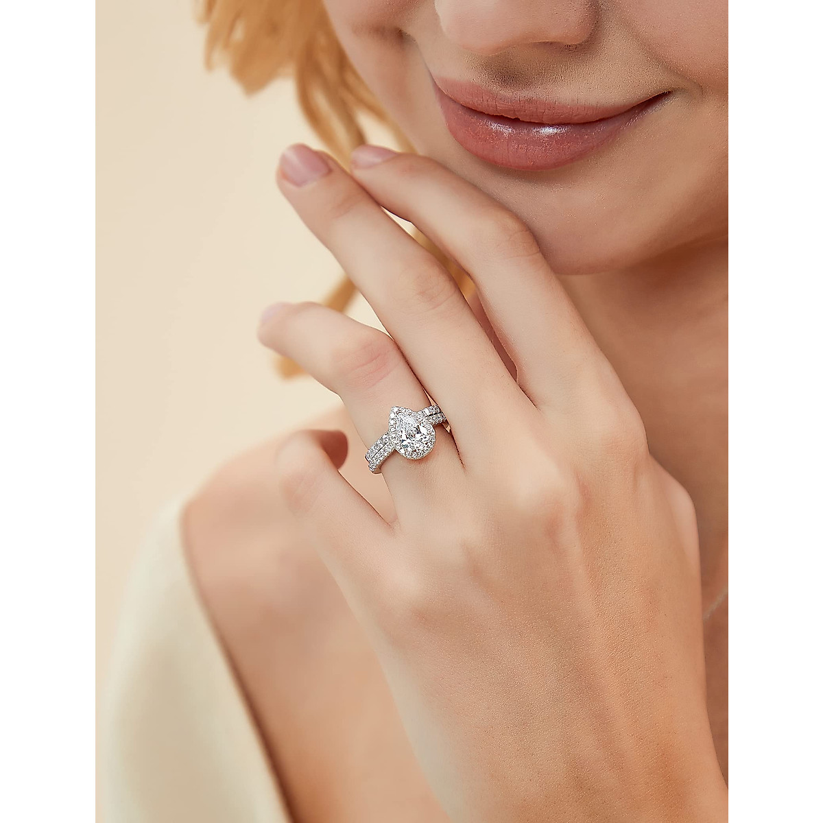 EAMTI 1.5CT 925 Sterling Silver Wedding Band Teardrop Bridal Rings Sets Halo Cubic Zirconia Solitaire Promise Engagement Rings for Women Size 6