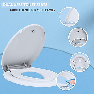 JINGZE Elongated Toilet Seat Built-In Potty Training Seat, Soft Quiet Close Non-Slip Seat, Easy to Install & Clean,Magnetic Kids Seat and Cover for Elongated Oval Toilets,White