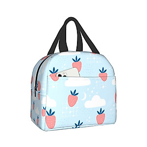 Ucsaxue Cute Strawberry With Clouds, Moon And Stars Lunch Bag Reusable Lunch Box Work Bento Cooler Reusable Tote Picnic Boxes Insulated Container Shopping Bags For Adult Women Men
