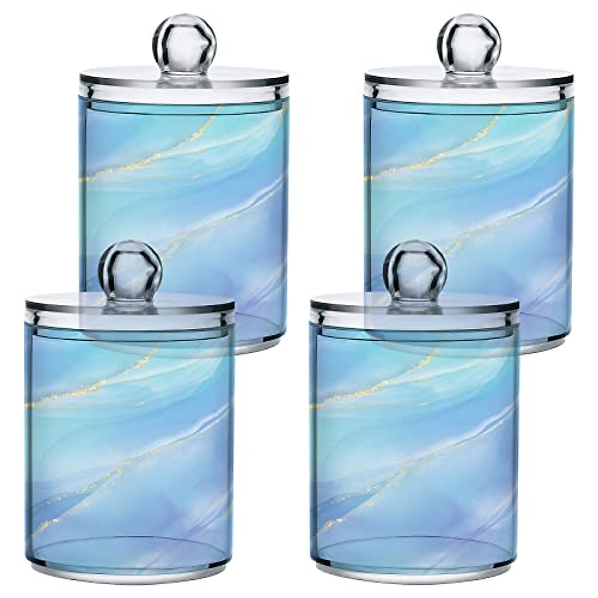 xigua 2 Pack Blue Gold Marble Apothecary Jars with Lid, Qtip Holder Storage Jars for Cotton Ball, Cotton Swab, Cotton Round Pads, Clear Plastic Canisters for Bathroom Vanity Organization (10 Oz)