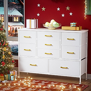 YILQQPER Dresser for Bedroom with 9 Drawers, Dresser TV Stand for 50" TV, Wide Bedroom Dresser Storage Organizers, Fabric Chest of Drawers, Dresser for Living Room, Closet, White