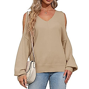 MaQiYa Women's V Neck Cold Shoulder Sweaters Oversized Batwing Long Sleeve Chunky Knit Pullover Sweater Tops Khaki