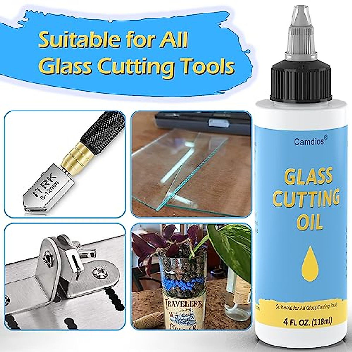 Glass Cutting Oil with Precision Application Top, Suitable for an Array of Glass Cutter and Glass Cutting Tools, 4 oz Premium Glass Cutting Oil for Glass Cutters/Tiles/Mirrors/Mosaic - by Camdios