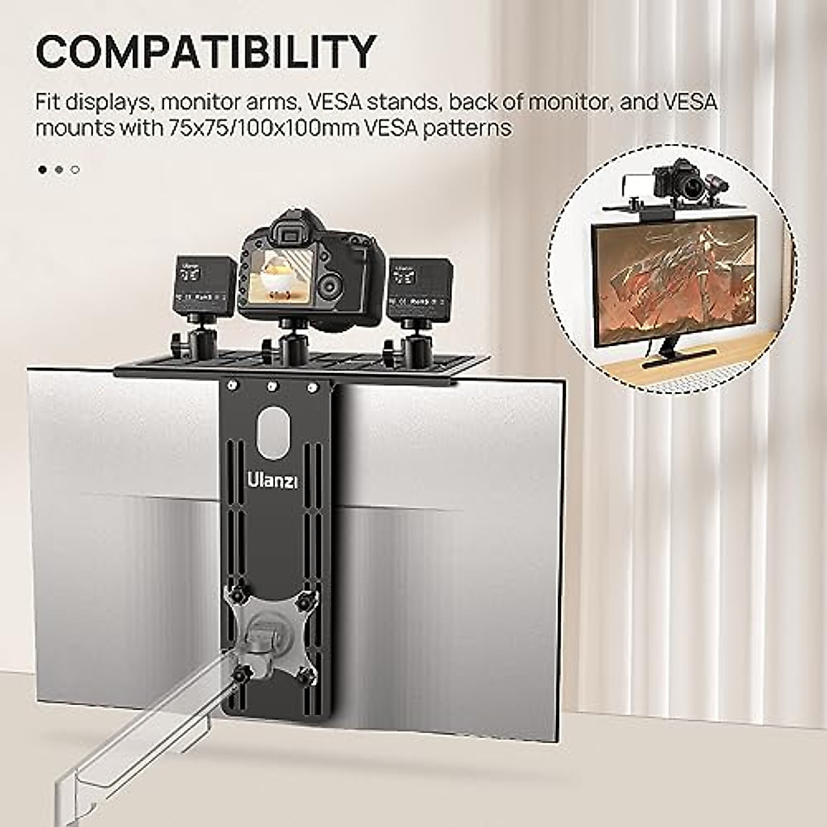 jusmo ULANZI LS16 VESA Camera Mount DSLR Monitor Top Shelf, Aluminum, Black, 3 Ballhead