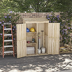 Outsunny Outdoor Storage Cabinet with 3 Shelves, Wooden Garden Shed with Magnetic Double Doors, Tall Vertical Tool Storage for Lawn Care Equipment, 47.25" x 22.5" x 72", Natural