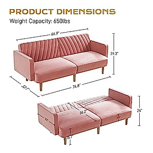 OUYESSIR Futon Sofa Bed, Convertible Sleeper Sofa with Wood Legs, 74.5“ Splitback Sofa with 2 Pillows, Velvet Futon Couch for Living Room (Rose Pink)