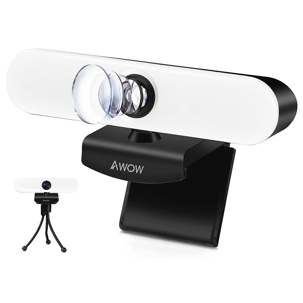 AWOW 2K Webcam with Microphone and Adjustable Brightness Light HD Computer Camera with Tripod USB Webcam for PC/MAC/Desktop/Laptop USB Web Camera for YouTube Skype Zoom Xbox One and Video Calling