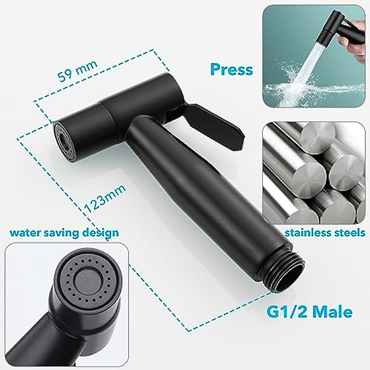 Roscid Sink Faucet Sprayer Set, Handheld Bidet Sprayer for Toilet, Metal Sprayer, with M22 M24 G1/2 Adapters and 3m Hose for Kitchen Sink, Bathroom or Toilet, Matte Black. (Faucet Not Included)
