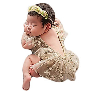 Baby Photography Props Lace Hats Outfit Newborn Photo Shoot Outfits Infant Girl Photos Costume Set (Brown)