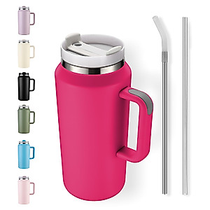 PlanetFlame 64oz Insulated Tumbler with Handle, Stainless Steel Double Wall Vacuumn Water Bottle, Lid and Straw for School, Gym, Hiking & Camping, Hot Pink