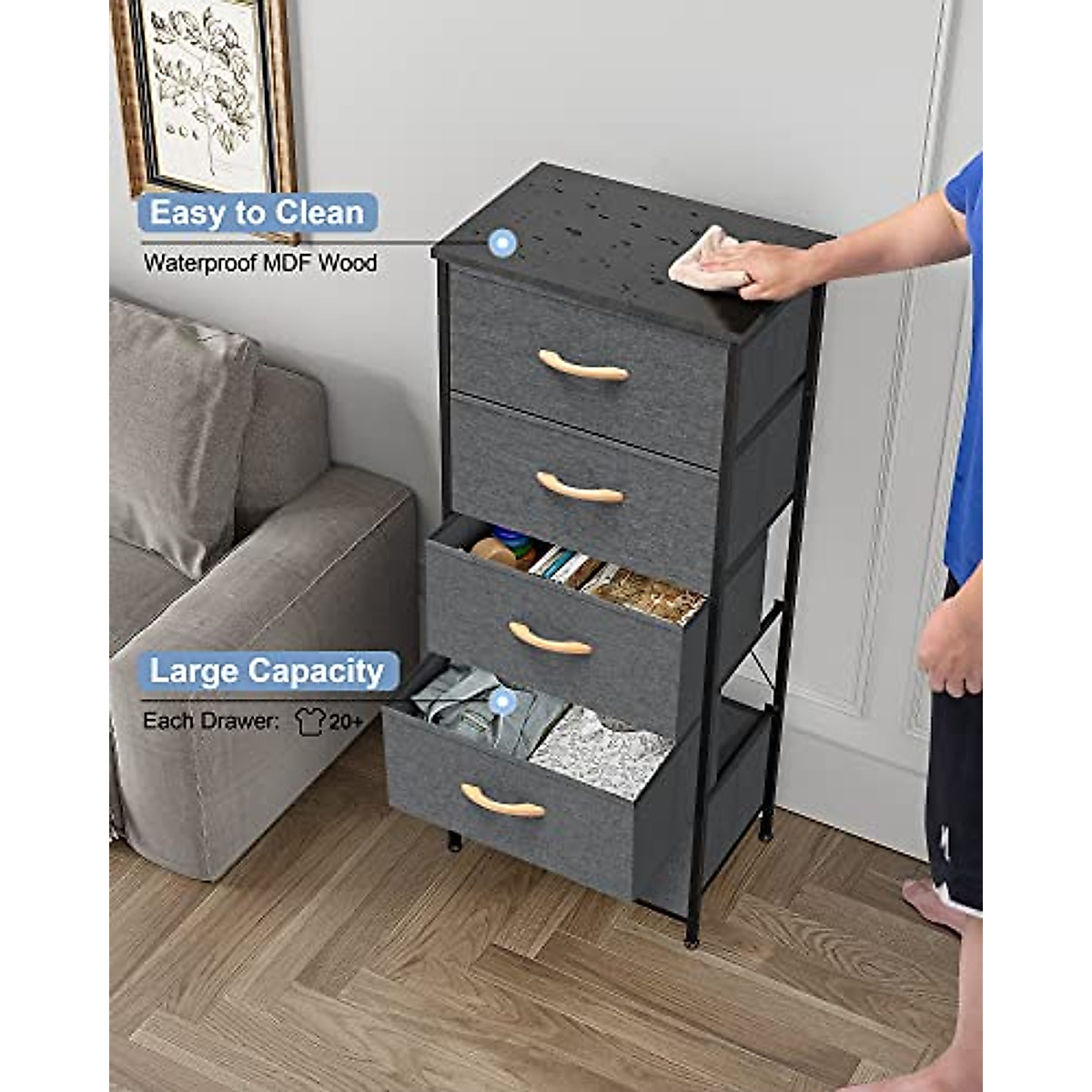 Crestlive Products Vertical Tall Fabric Dressers for Bedroom, Storage Tower - Sturdy Frame, Wood Top & Handles - Organizer Unit for Home Dorm