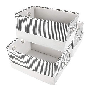 ANMINY 3PCS Storage Baskets Set Foldable Canvas Stripe Storage Bin Box with Cotton Rope Handles Decorative Nursery Baby Kid Toy Clothes Towel Laundry Organizer Containers - Medium, Dark Gray