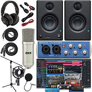 Presonus AudioBox 96 Audio Interface (May Vary Blue or Black) Complete Studio Bundle with Studio One Artist Software Pack w/Eris 3.5 Pair Studio Monitors, Condenser Microphone, 1/4” Instrument Cables