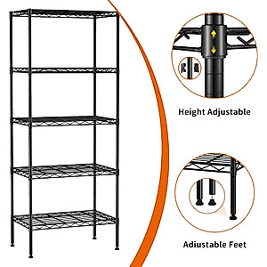 FLL Wire Shelving Unit 5-Tier NSF-Certified Heavy Duty Commercial Grade Metal Storage Shelves, 14" D x 24" L x 60" H Adjustable Wire Rack Shelving for Bathroom Kitchen Pantry Closet (Black)
