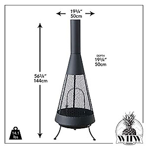 Scandi Garden Chiminea, Free Standing Fireplace, Modern Farmhouse Style, Black, Removable Grill, 360 Degree View Basket, Iron, 19.75 D x 56.75 H Inches