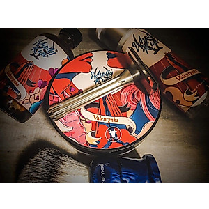 Valentynka Tallow Shaving Soap. Enriched with Donkey Milk, Water Buffalo Milk, Whey Proteins, Omega 3, Omega 6, Hops Extract. Canadian Fir, Leather, Orange, Jasmine, Sugar, Amber, Saffron, Cedarwood