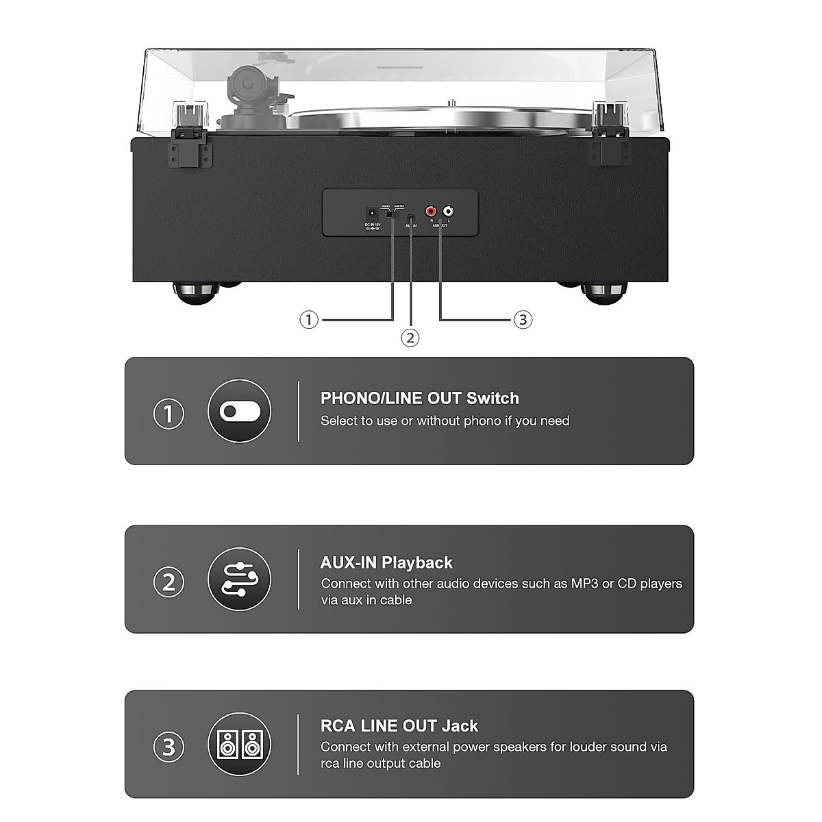 Record Player High Fidelity Turntable for Vinyl Records Built-in 4 Stereo Speakers All-in-One Vinyl Player Belt Drive Turn table with MM Cartridge ATN-3600L Stylus 33 45 Speed Bluetooth Classic Black