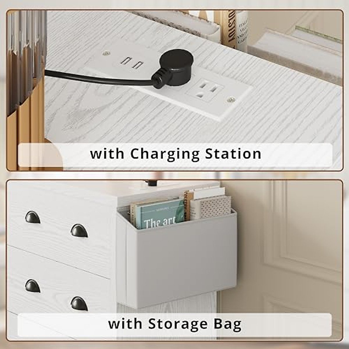 LIKIMIO Dresser 8 Drawer, Modern Wood Bedroom Dresser with with Charging Station and Storage Bag, Storage Chest of Drawers for Living Room Hallway Entryway, White