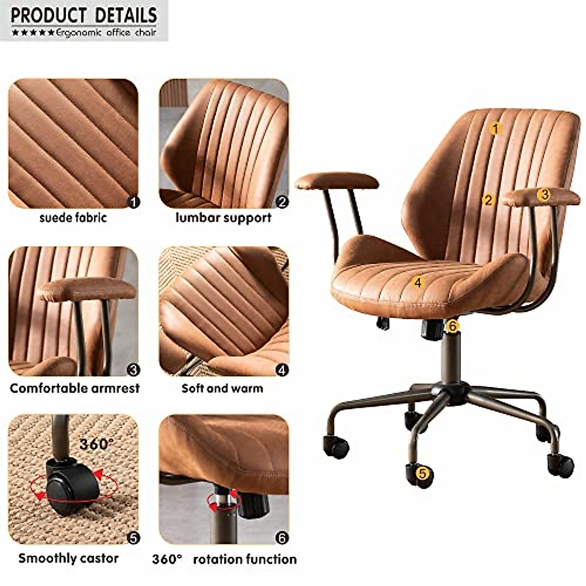 ovios Chair with Mid Back Support Armrest Executive Rolling Swivel Height Adjustable Task Chair for Home Office Desk Computer,Living Room,Studying (Brown)