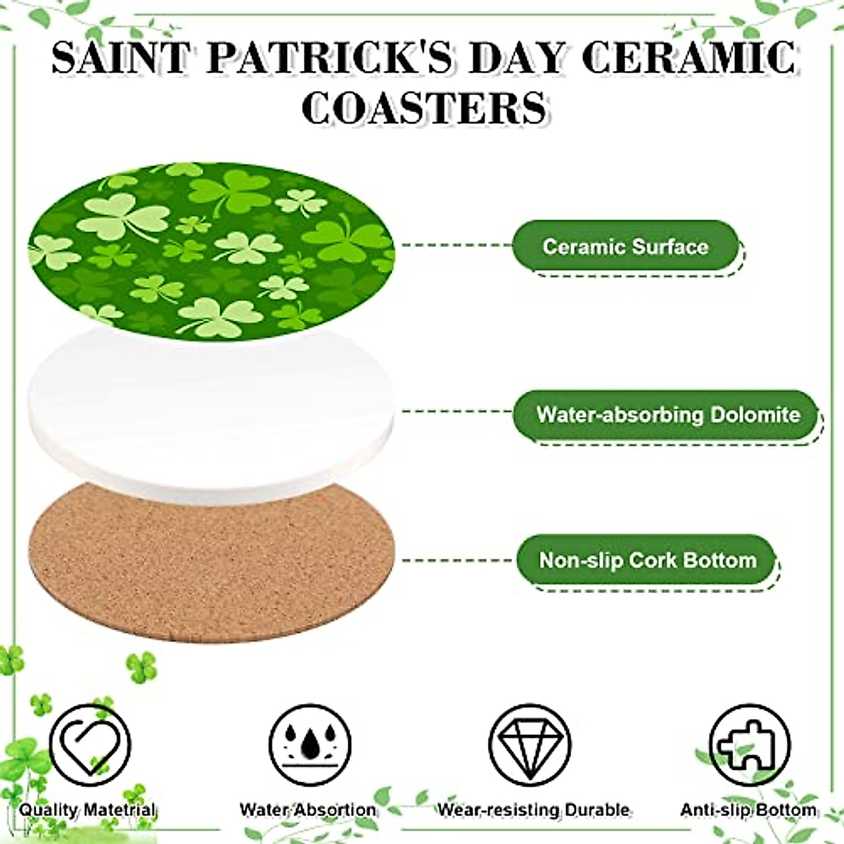 Happy St Patrick's Day Coasters for Drinks 4 Pieces Set Shamrocks Clover Bar Cup Coaster Round Cork Coasters Thick Cork Drink Bar Coasters for Table Kitchen Dining Home Decor, 3.94 Inches